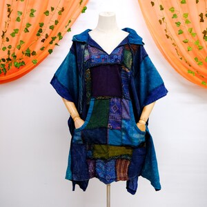 Patchwork Hippie Cotton Poncho, Unisex Fall/winter Wraps With Hoodie ...