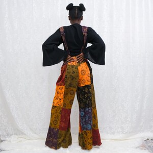 Patchwork Wide Leg Cotton Jumpsuit, Hippie Style, Celestial Mushroom Bib Overalls, Boho Summer ...