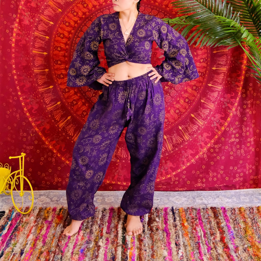 Celestial Two Piece Pant Set, Boho Trouser With Bell Sleeve, Sun and ...