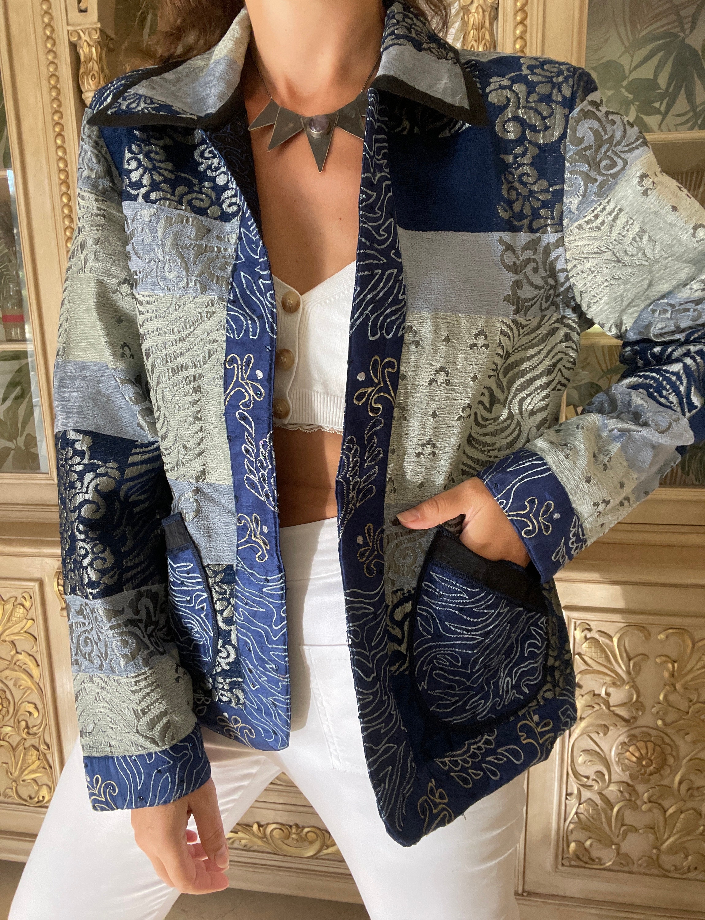 Blue Brocade Patchwork Blazer With Pockets - Etsy