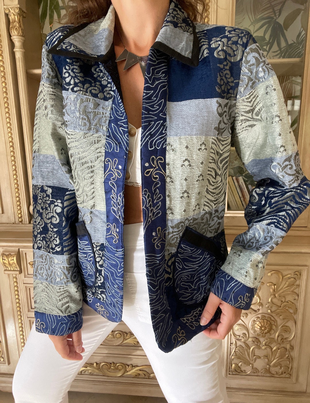 Blue Brocade Patchwork Blazer With Pockets - Etsy