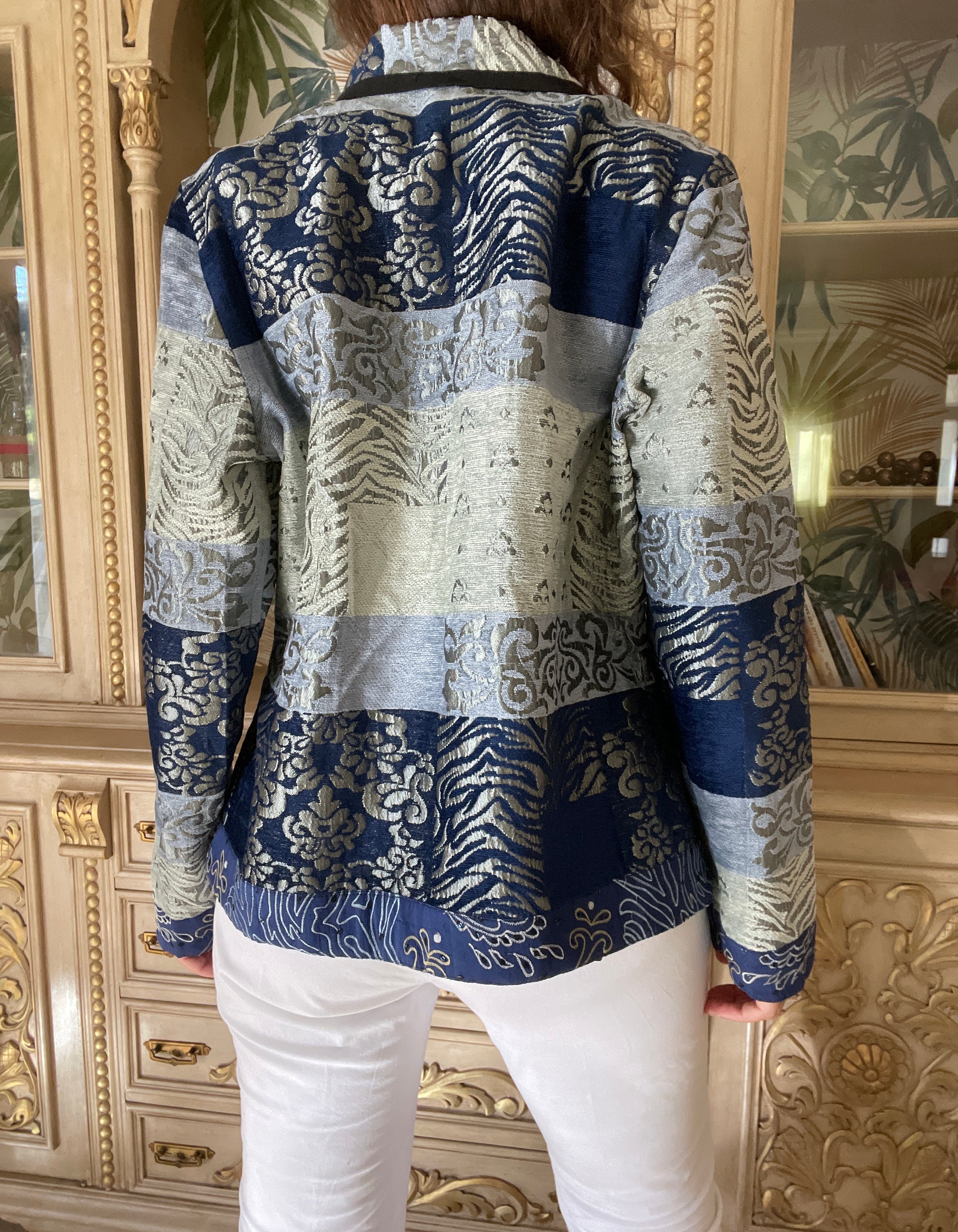 Blue Brocade Patchwork Blazer With Pockets - Etsy