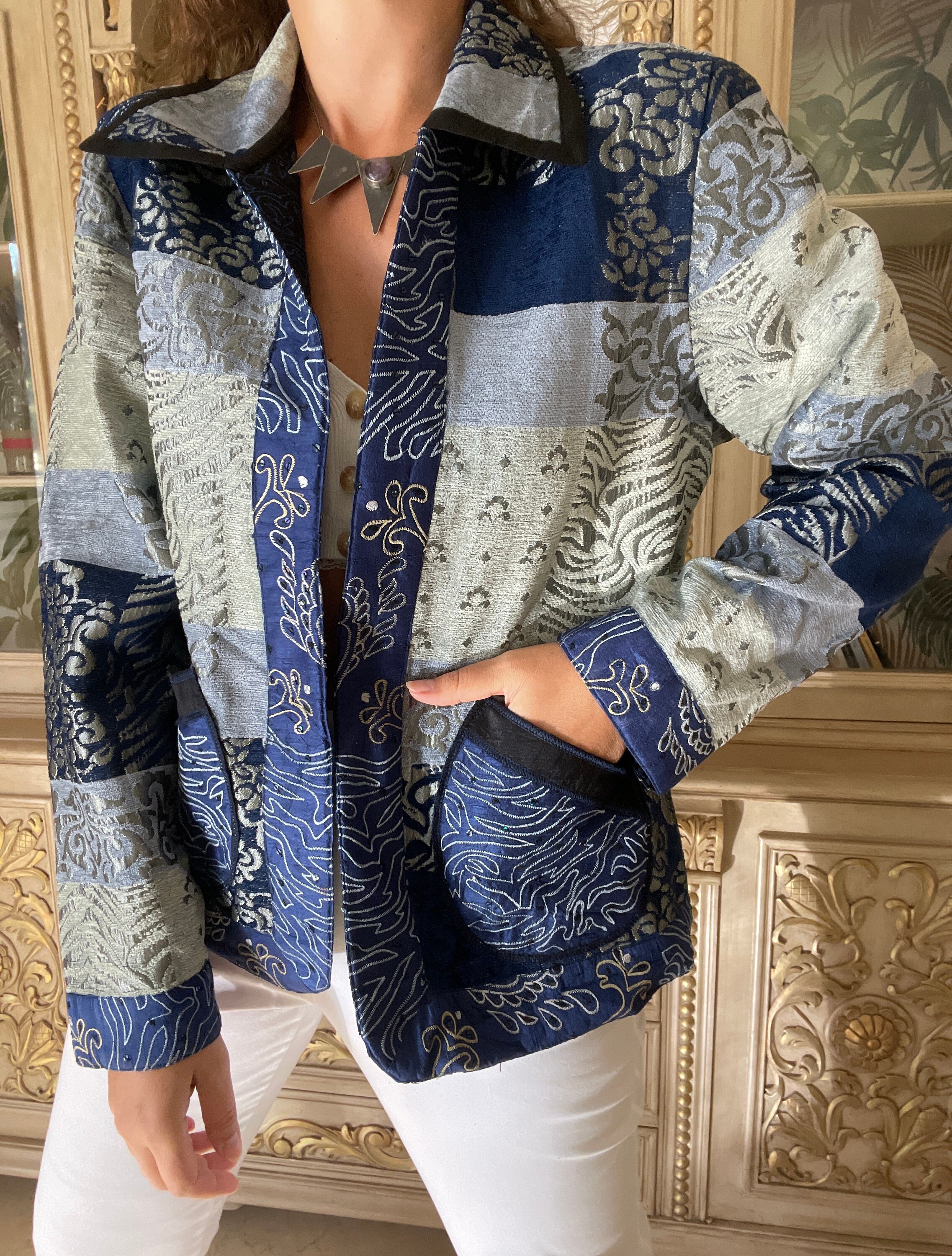 Blue Brocade Patchwork Blazer With Pockets - Etsy