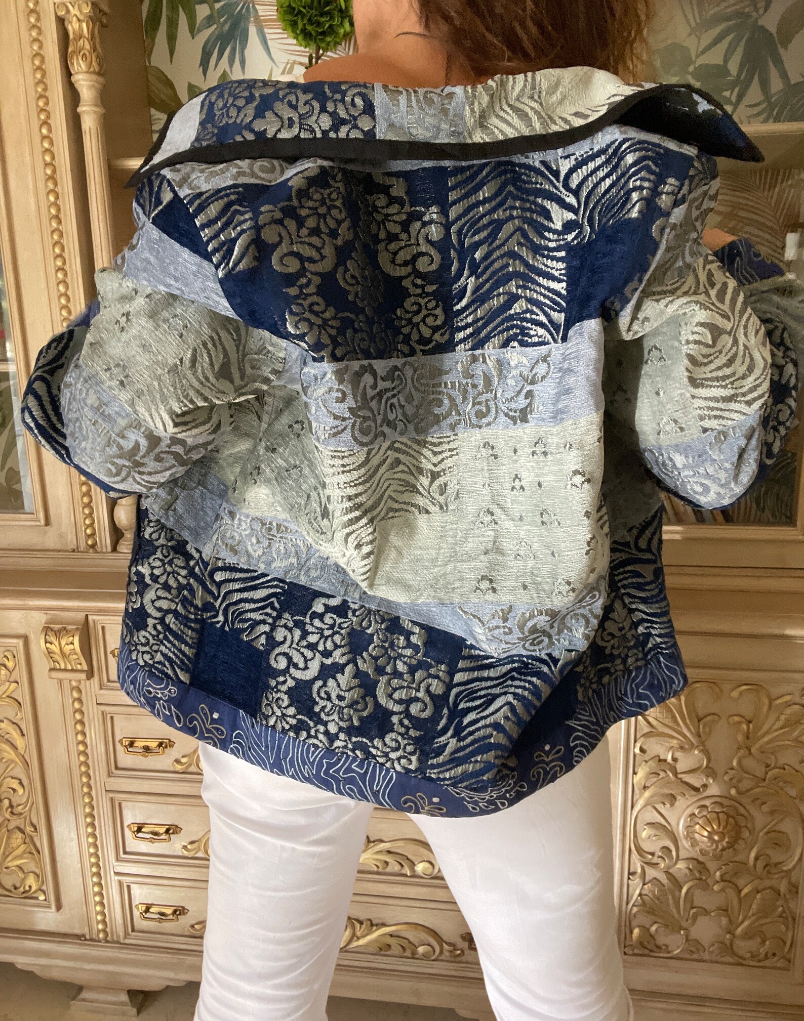 Blue Brocade Patchwork Blazer With Pockets - Etsy