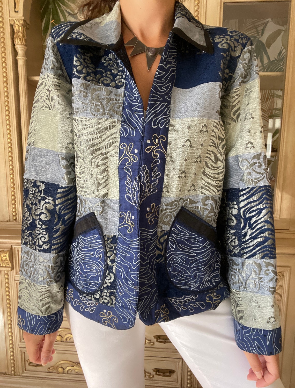 Blue Brocade Patchwork Blazer With Pockets - Etsy