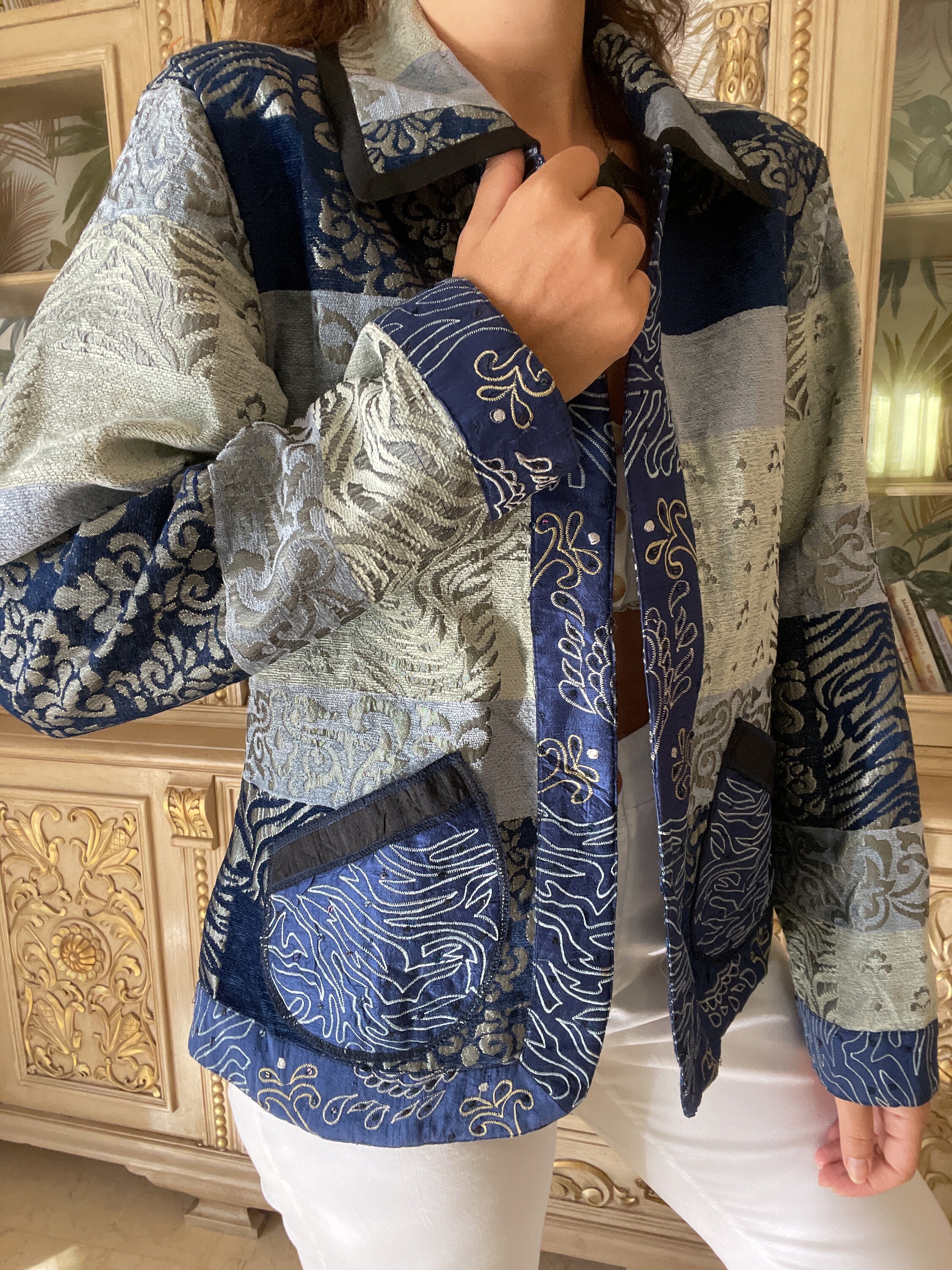 Blue Brocade Patchwork Blazer With Pockets - Etsy
