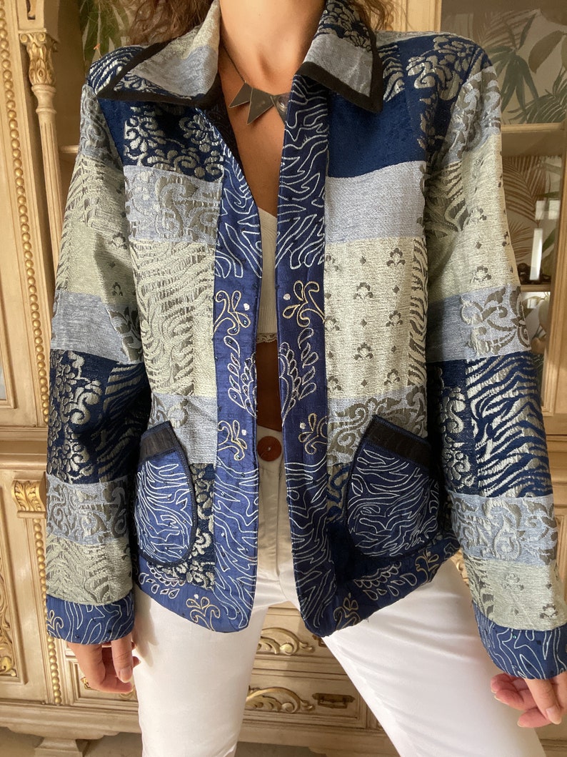 Blue Brocade Patchwork Blazer With Pockets - Etsy