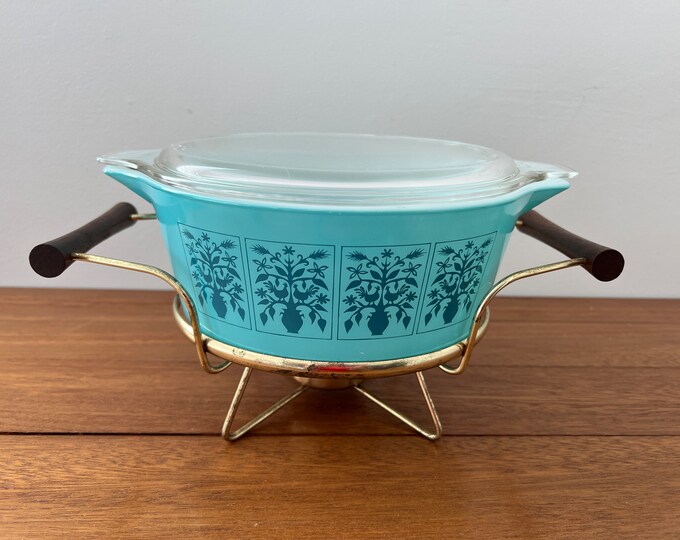 Pyrex HTF Saxony Tree of Life 475 Wamrer / Cradle, Lid Turquoise Blue ...