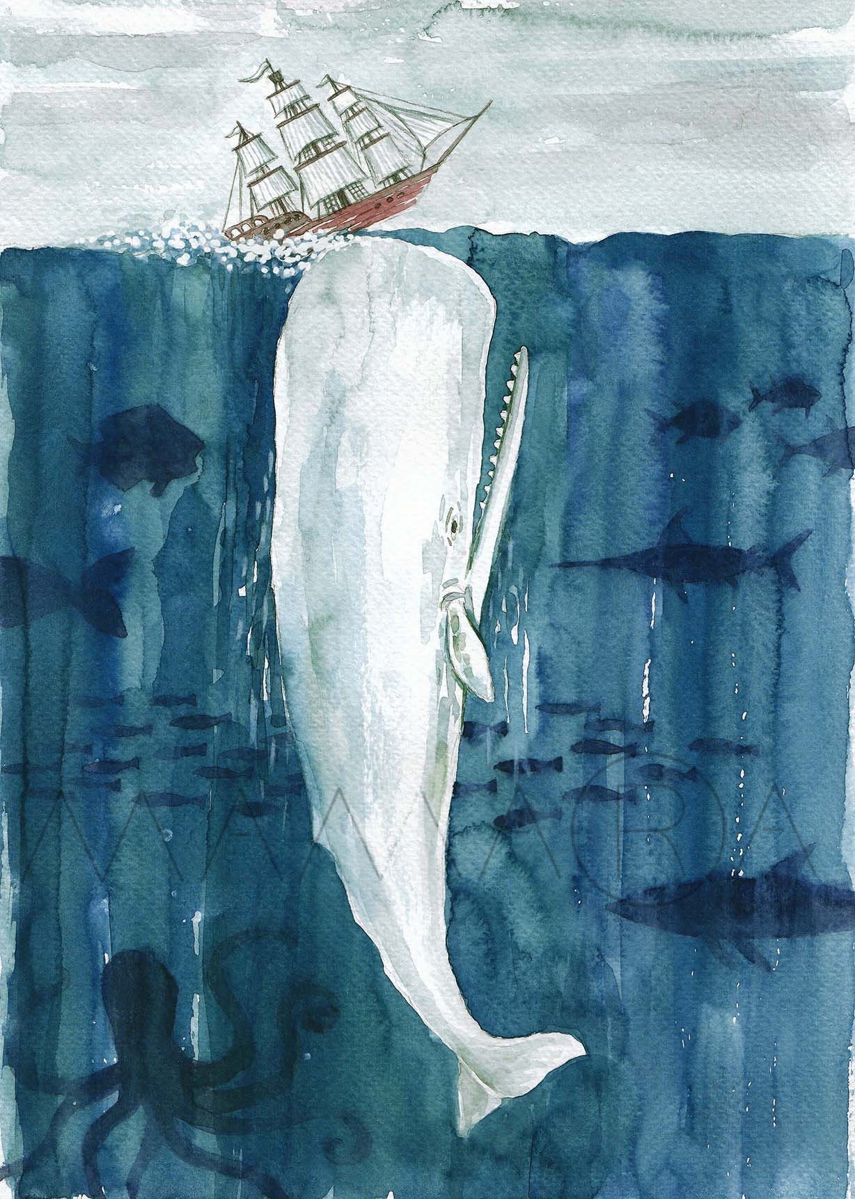 White Whale,moby Dick,whale and Tall Ship,illustrations Prints,ocean ...