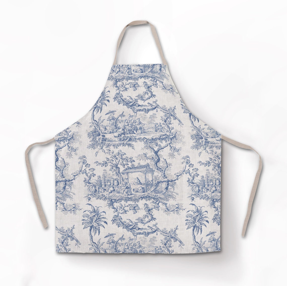 Linen Apron Toile De Jouy Apron With Pocket Cross Back - Etsy