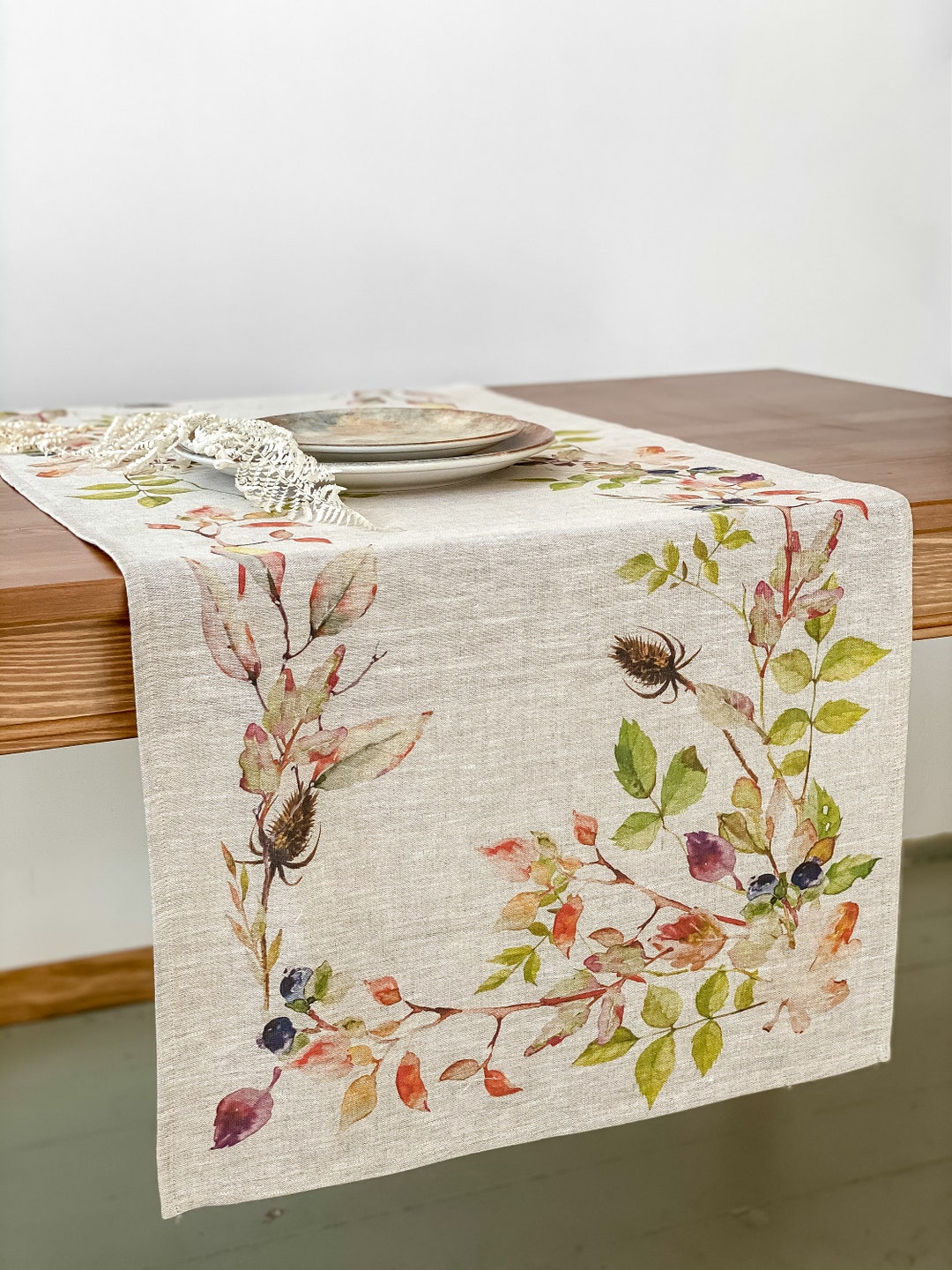 Thanksgiving Linen Table Runner, Leaves and Berries Art, Custom Size - Etsy