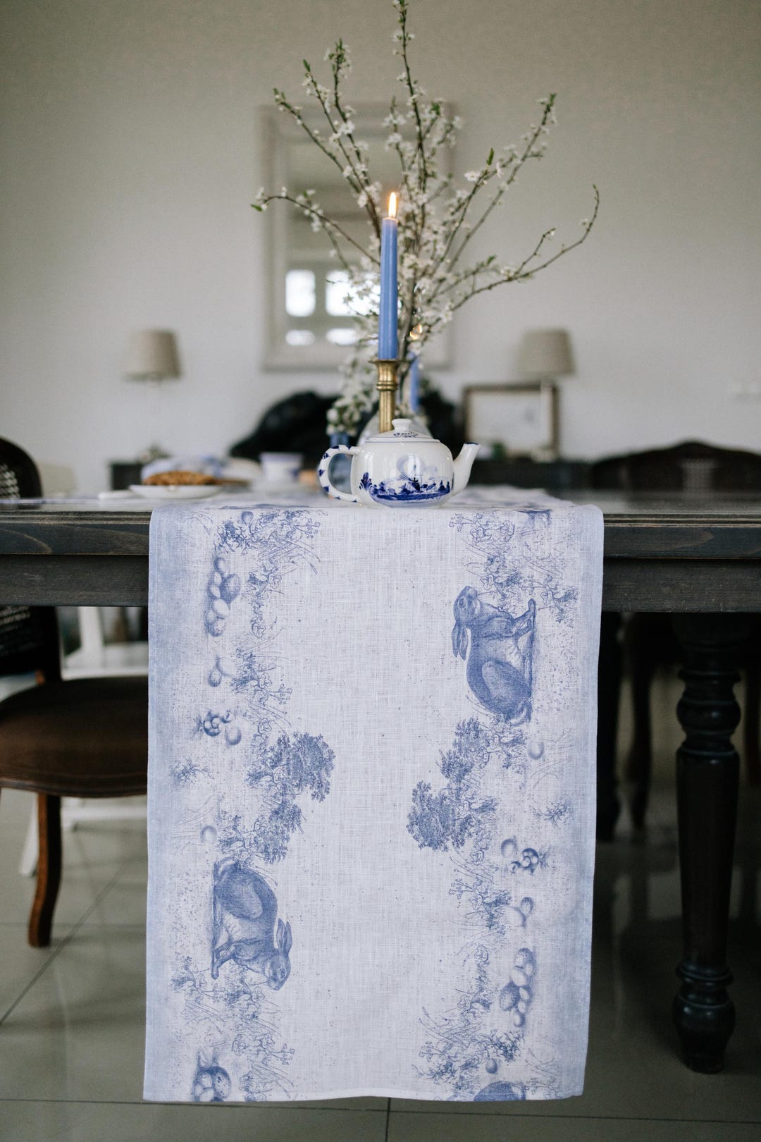 Easter Toile De Jouy Linen Table Runner, Easter Bunny - Etsy