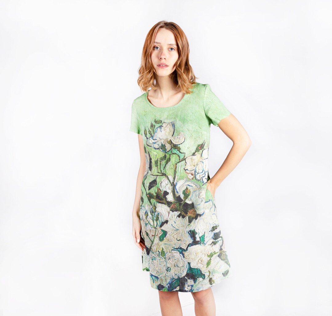 Linen Dress, Roses 1890 Print, Van Gogh Style, Short Sleeve With ...