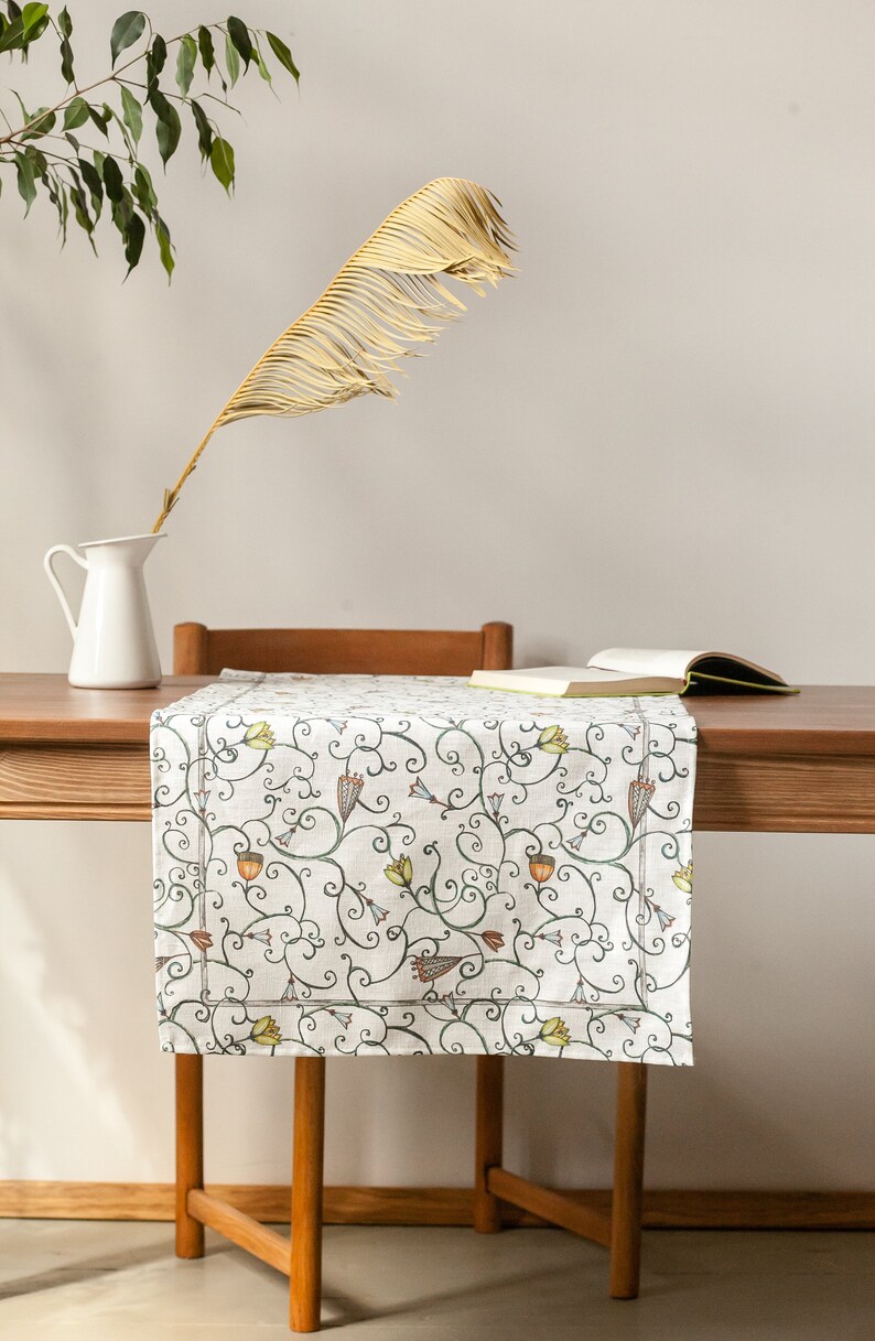 Table Runner Floral Flowers Print Housewarming 100% Linen - Etsy