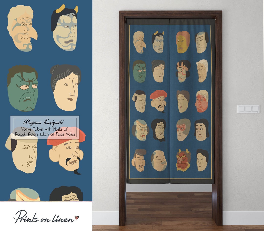 Noren Curtain, Japanese Masks, Linen Curtains, Door Curtain, 100% Linen ...