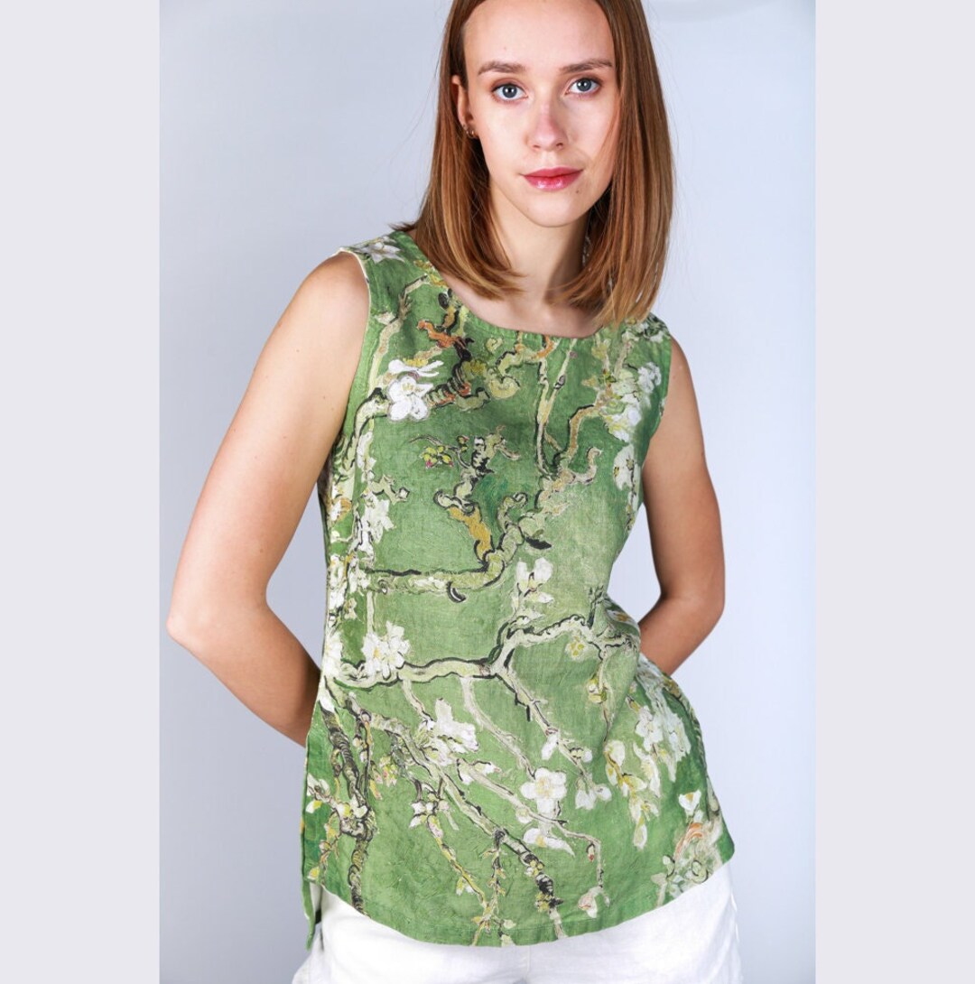 Linen Top, Van Gogh, Almond Blossom, Olive Shirt, Linen Shirt, Van Gogh ...