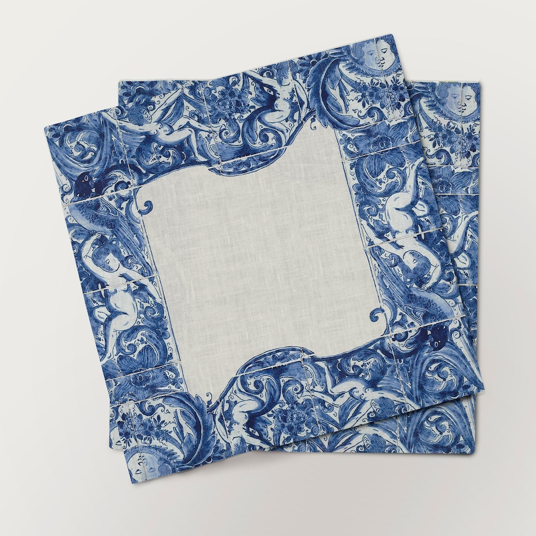 Blue Linen Napkins Set, Coastal Tile Design - Etsy