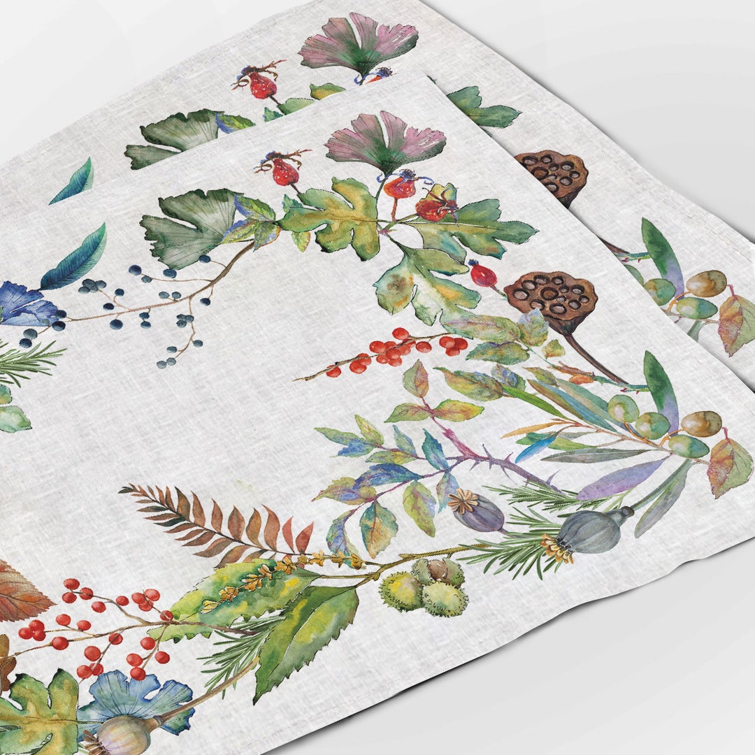 Linen Placemats Set, Autumn Botanical Print, Thanksgiving Table Decor ...