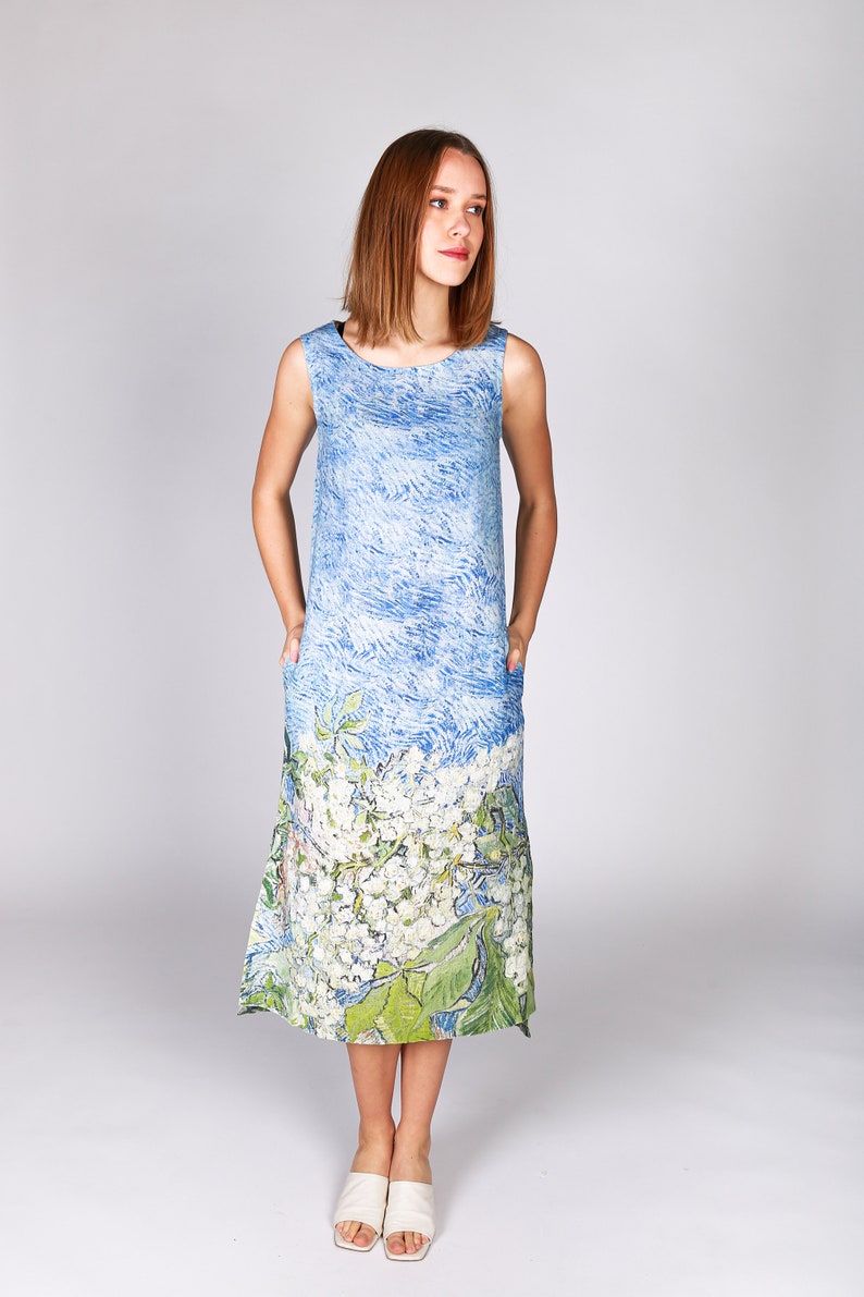 Vestido de lino Van Gogh, sin mangas, estampado artístico, largo hasta ...