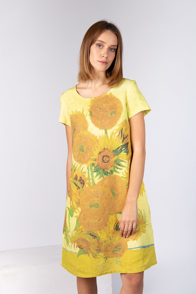 Linen Dress, Vincent Van Gogh Sunflowers Print, Plus Size With Pockets ...