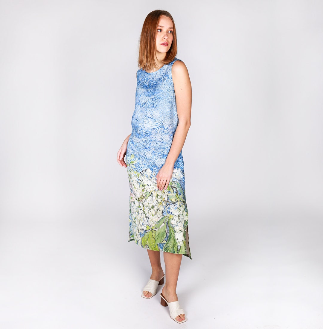 Vestido de lino Van Gogh, sin mangas, estampado artístico, largo hasta ...