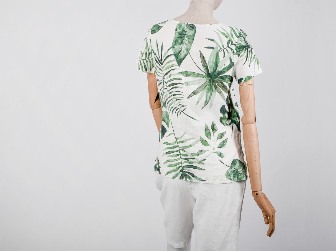 Monstera linen women blouse short sleeves handmade shirt | Etsy