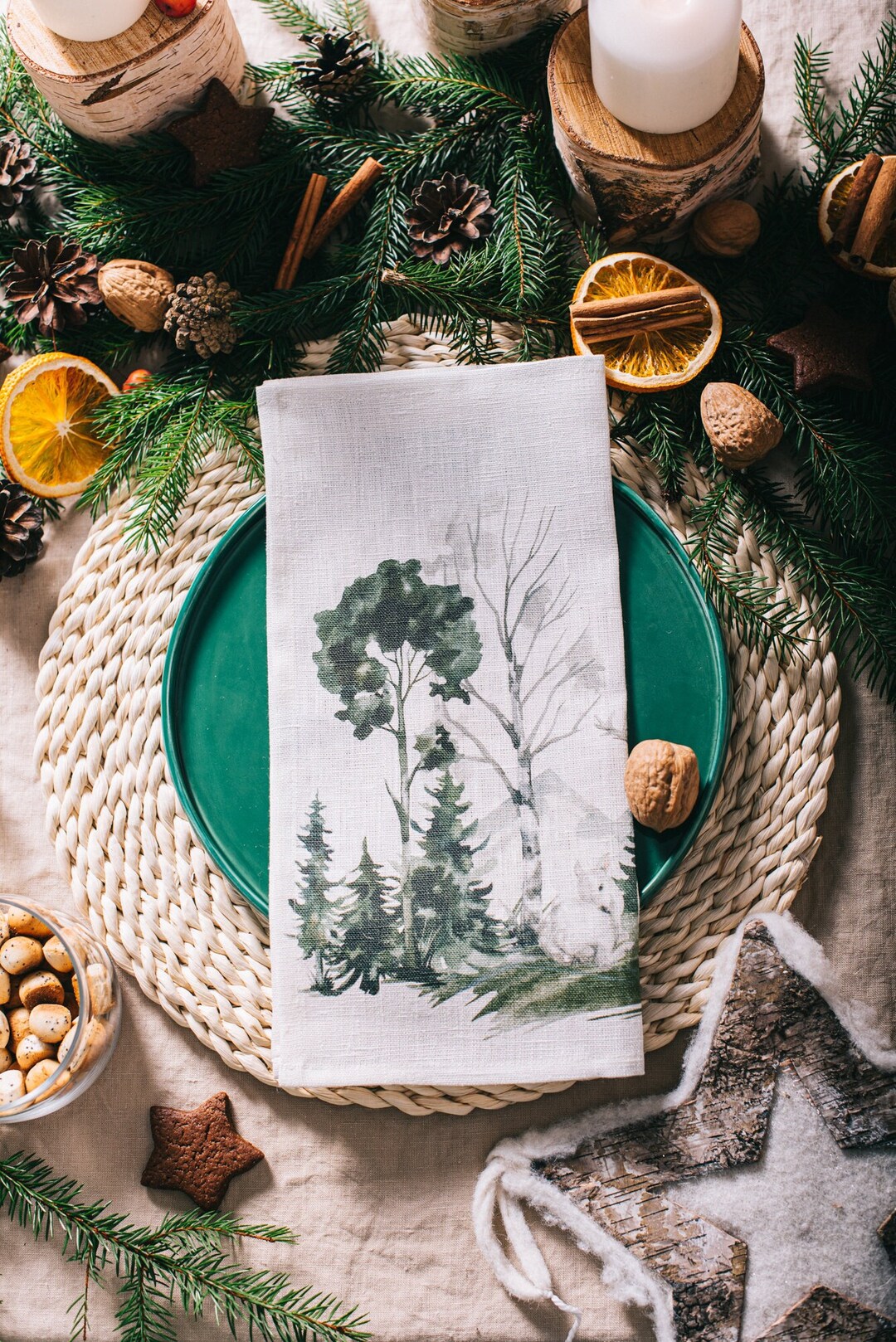 Napkins Set, Wildlife Winter Landscape, Linen Napkins Set, Fabric ...