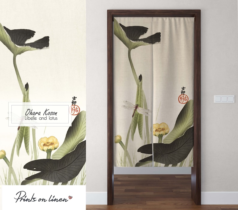 Noren Curtain, Libelle and Lotus, Ohara Koson, Linen Curtains, Door ...