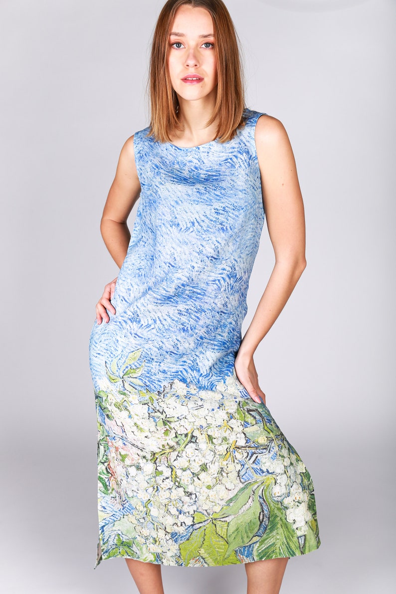 Vestido de lino Van Gogh, sin mangas, estampado artístico, largo hasta ...