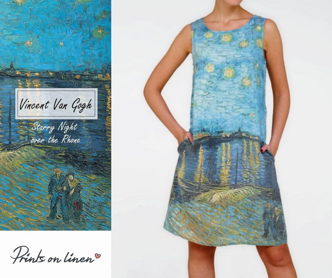 Linen Dress Van Gogh Starry Night Hand Made Dress | Etsy