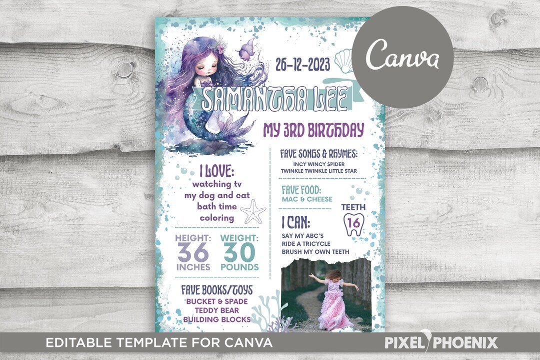 Mermaid A3 Birthday Poster Template, Milestone Board Template, Editable ...