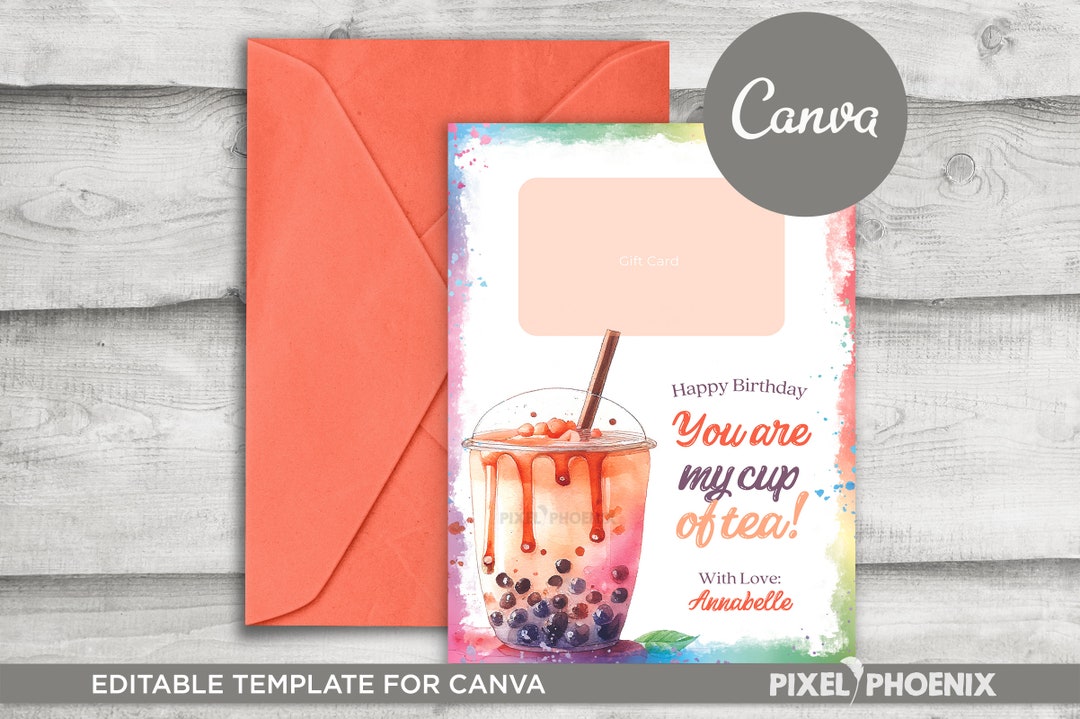 Boba Tea Gift Card Holder, Editable Gift Card Holder, Canva Template ...