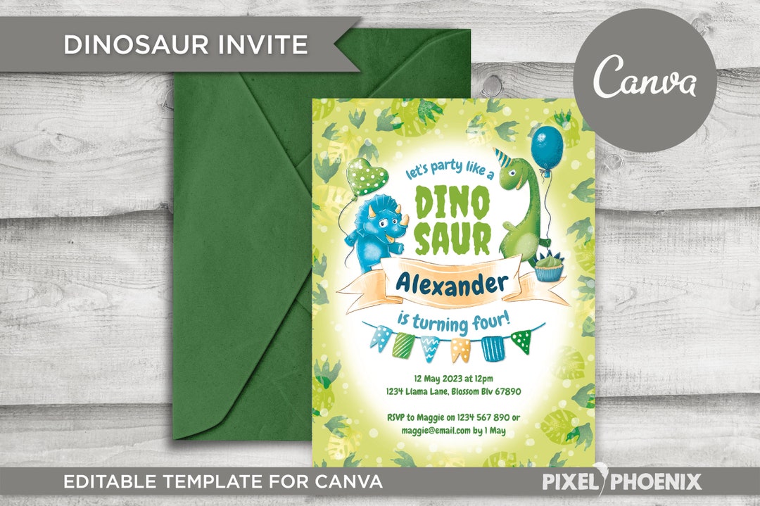 Green Dinosaur Invitation Editable Canva Template Dinosaur - Etsy