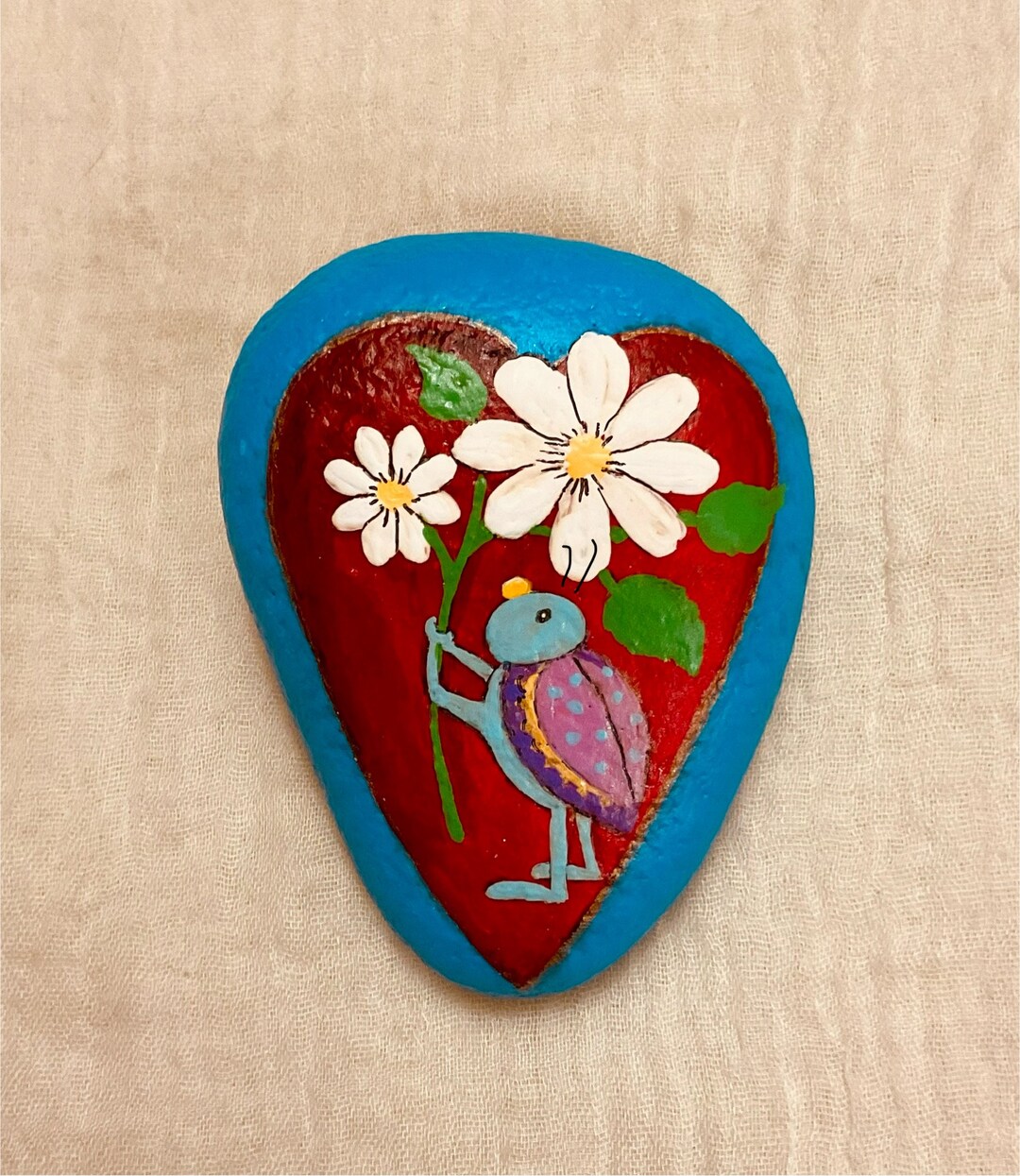 Ladybug Painted Rock, Heart Flower Lady Love Bug Stone, Sealed Garden ...