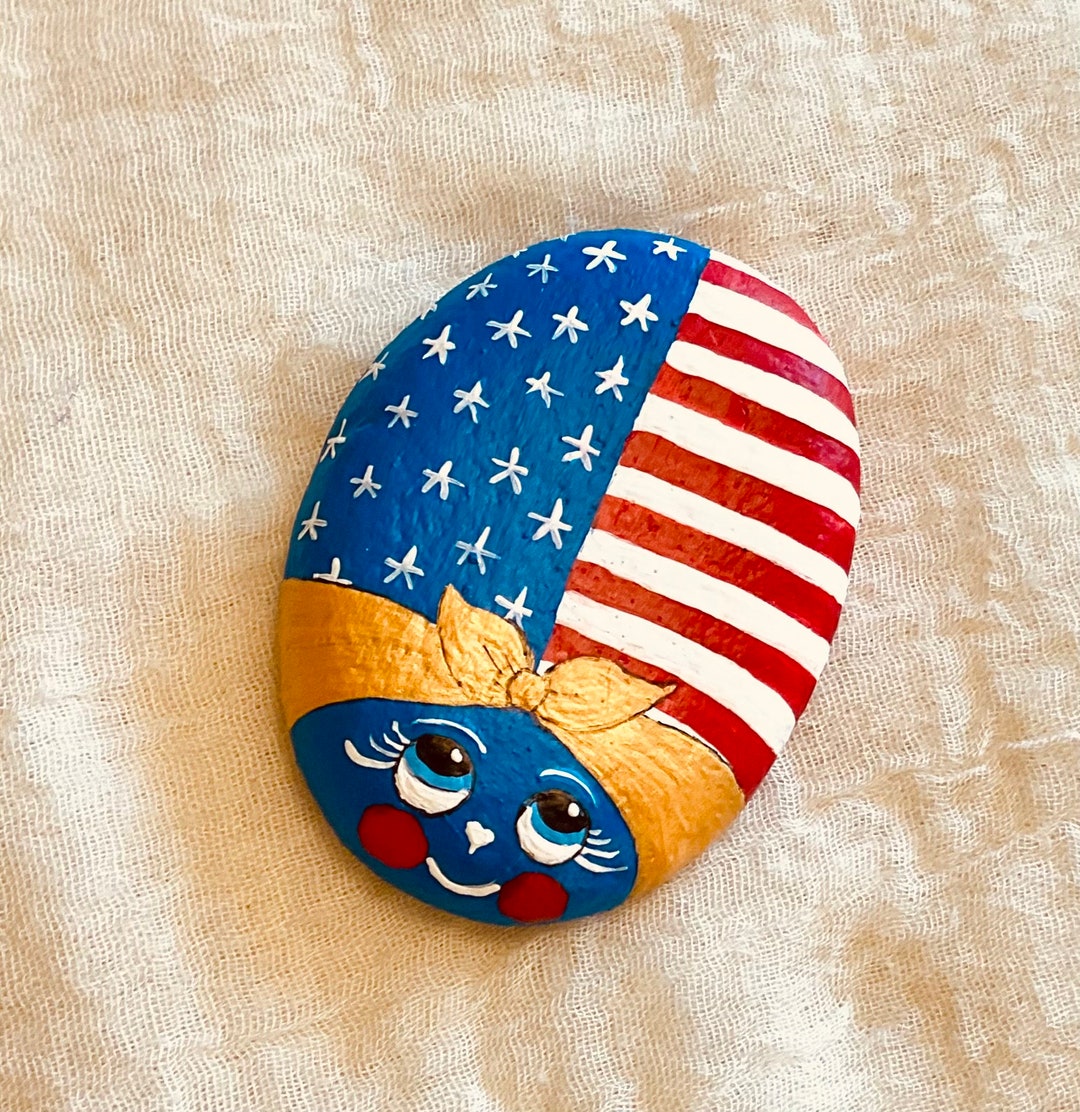 Painted Ladybug Rock, Patriotic Beetle Stone, Gold Bandana, USA Flag ...