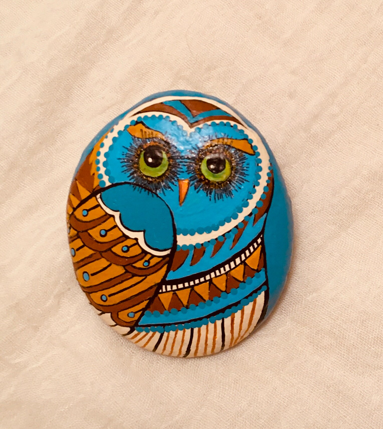 Acrylic Painted Rock Owl Bird Stone Rock Painting Primitive Stylized ...