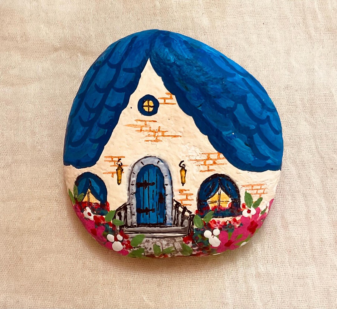 Painted Fairy House Rock, Floral Stone Cottage, Pebble Painting, Gnome ...