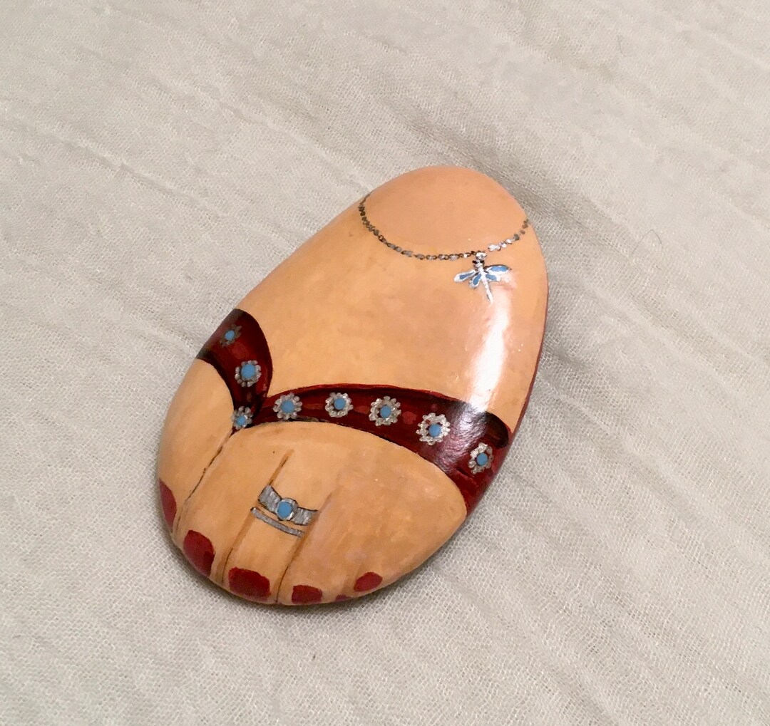 Foot Painted Rock, Flip Flop Stone Painting, Sealed Garden Art, Summer ...