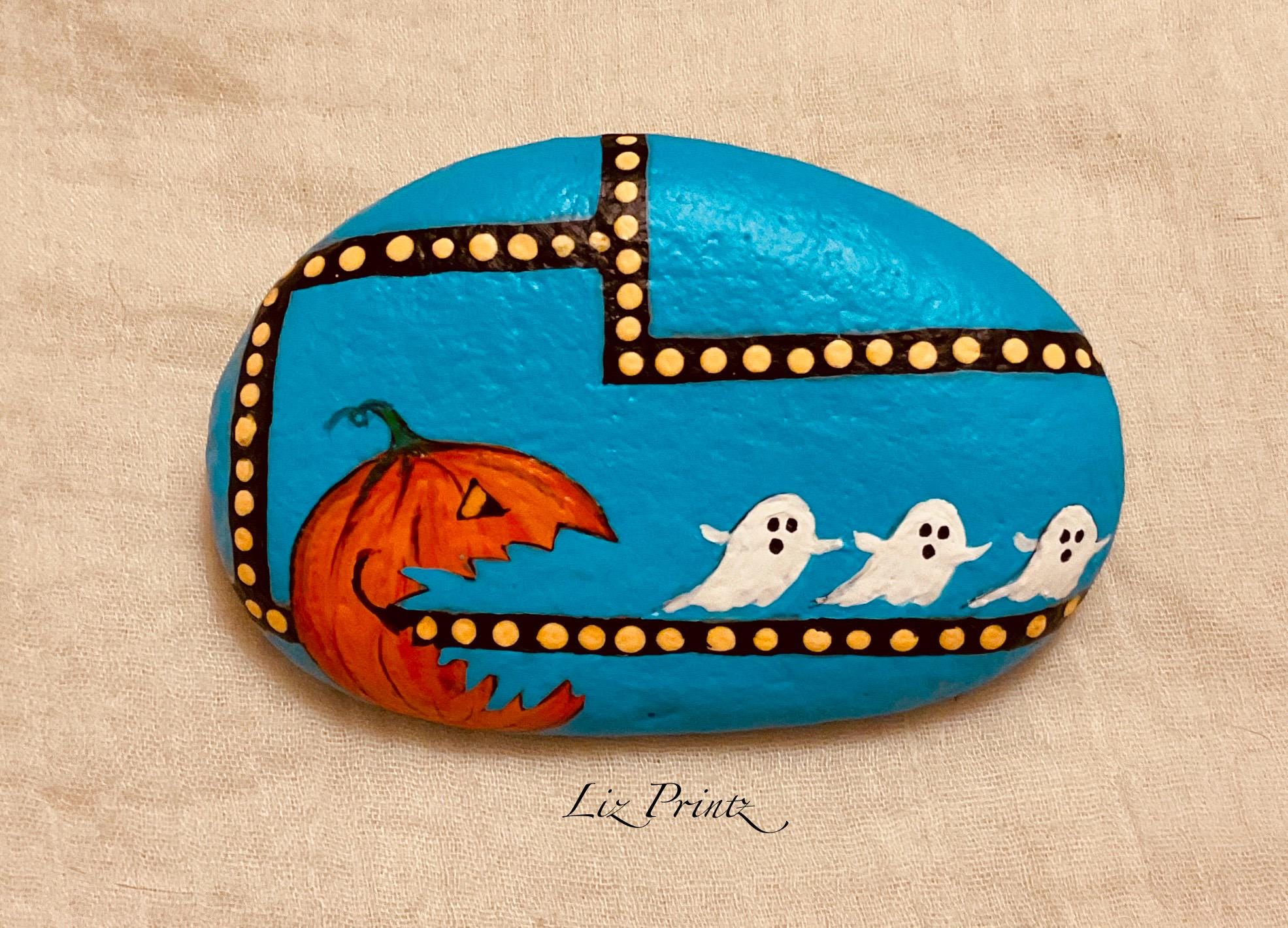 Painted Halloween Rock, Pumpkin Chasing Ghost Stone, Funny Pac Man ...