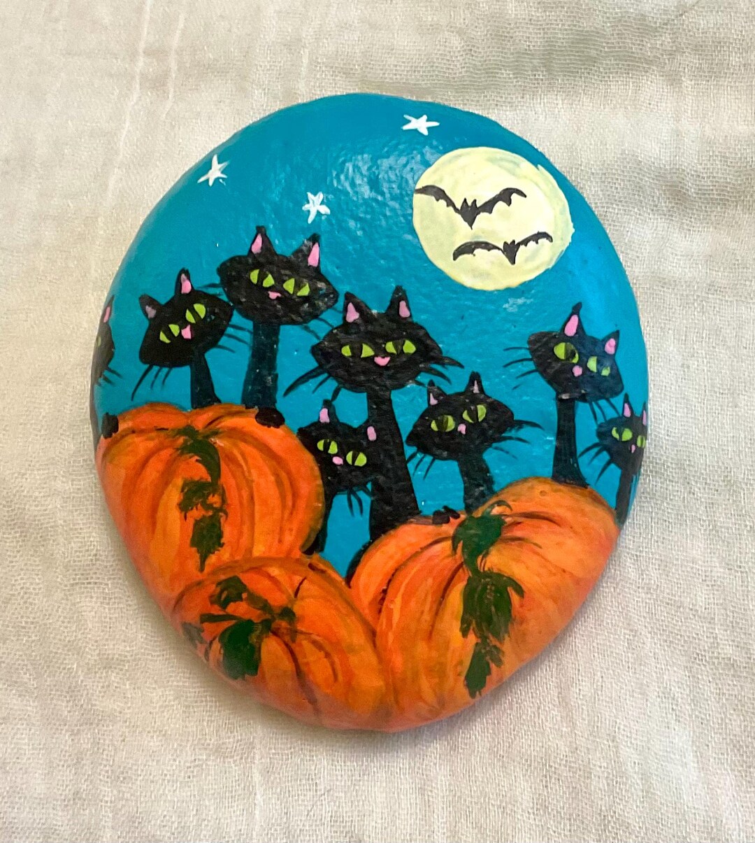 Painted Cat Rock, Halloween Stone, Pumpkin Patch Stone, Bats in ...