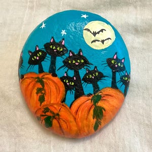 Painted Cat Rock, Halloween Stone, Pumpkin Patch Stone, Bats in ...