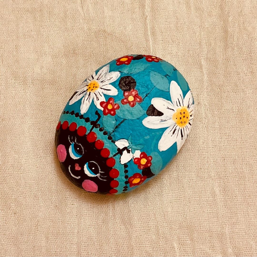 Painted Ladybug Rock, Floral Beetle Stone, Sealed Garden Art, Colorful ...