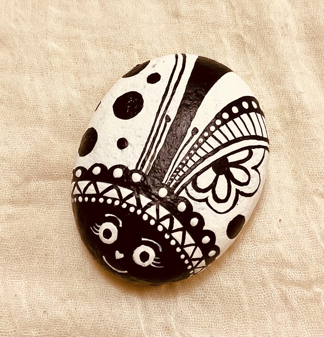 Painted Ladybug Rock, Black White Beetle Stone, Insect Art Painting ...