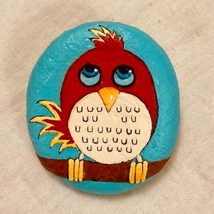 Painted Bird Rock, Owl Stone Painting, Sealed Garden Art, Whimsical Red ...