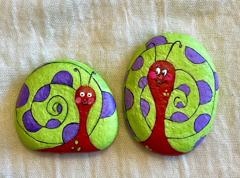Painted Snail Rock Pair, Sealed Garden Art, Cute Stone Painting, Set of ...