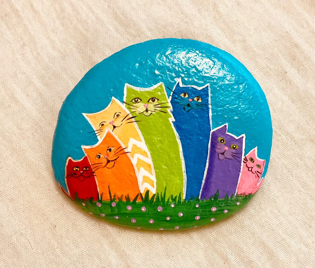 Painted Cat Line up Rock, Funny Colorful Kitty Stone Painting, Pet ...