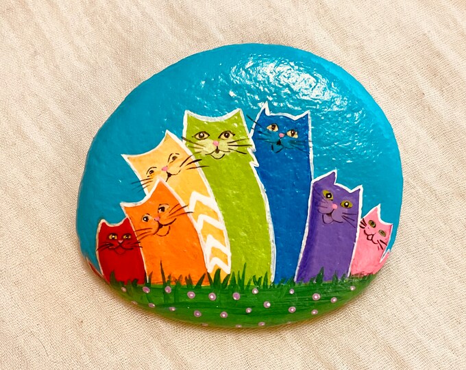 Painted Cat Line up Rock, Funny Colorful Kitty Stone Painting, Pet ...