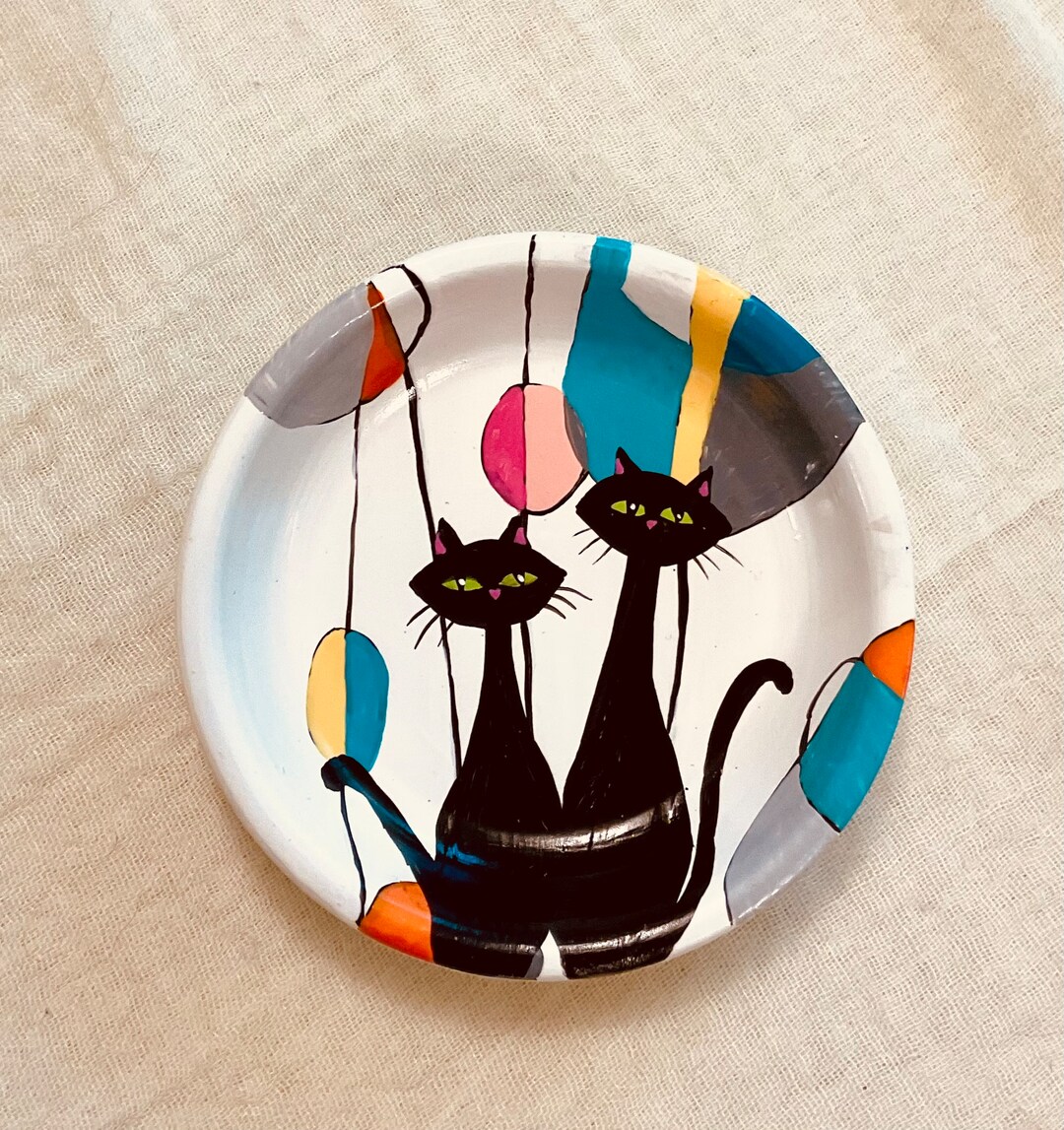 Painted Cat Trinket Tray, Jewelry Ring Dish, Mid Century Modern Art ...