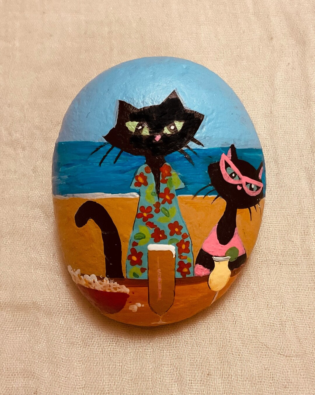 Painted Cat Rock, MCM Kitty Beach Bar Stone Painting, Tropical Vacation ...