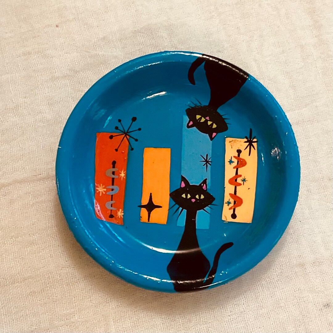 Painted Cat Trinket Tray, Jewelry Ring Dish, Mid Century Modern Art ...